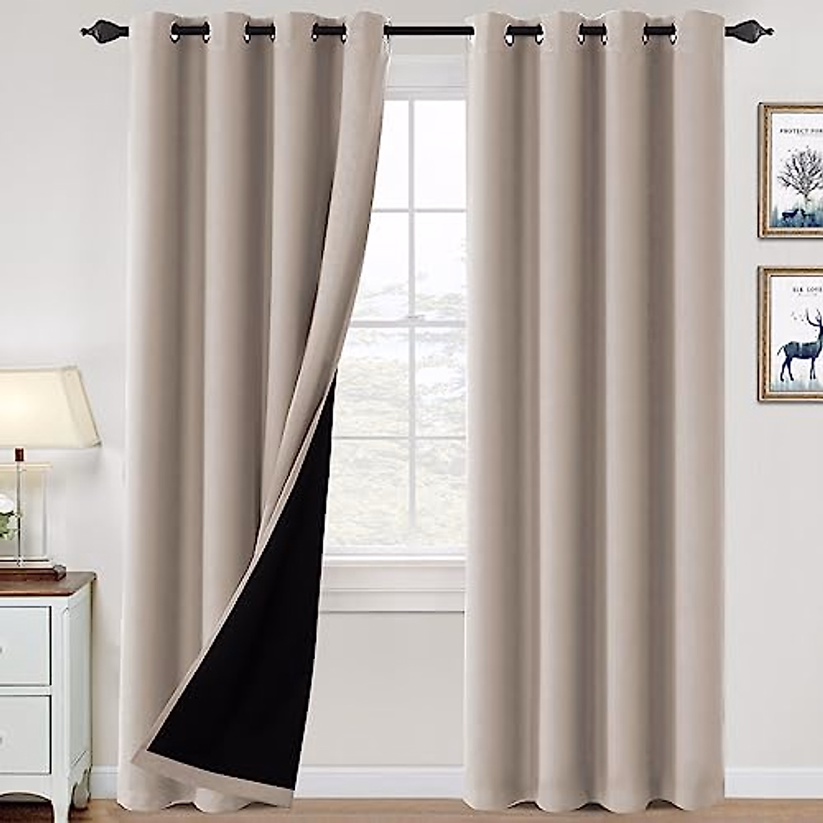 H.VERSAILTEX 100% Blackout Curtains for Bedroom Thermal Insulated Blackout Curtains 84 inch Length Heat and Full Light Blocking Curtains for Living Room with Black Liner 2 Panels Set, Natural Sand