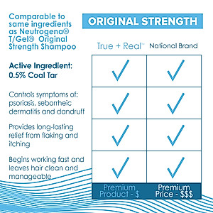 True+Real Coal Tar Therapeutic Plus Tar Gel Anti-Dandruff Shampoo Original Strength 0.5% Coal Tar, 16 Fl Oz, Pack of 2