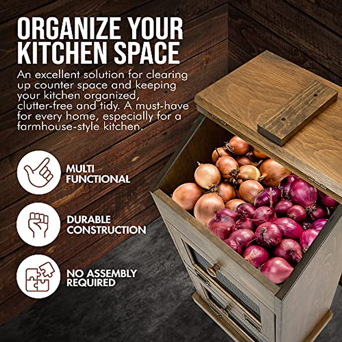 Peaceful Classics Potato Storage Wood Box, Wooden Bread Storage Bins, Decorative Potato and Onion Storage Bin, Potato Bin w/Grocery Section, Wooden Vegetable Storage for Kitchen Pantry, Special Walnut