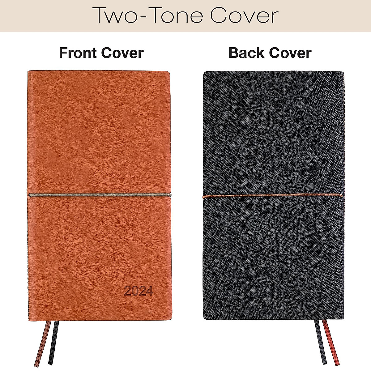 2024 Planner/Pocket Calendar 4"x7": 14 Months (Nov 2023 - Dec 2024) Weekly, Monthly Calendars, Leather Material, Elastic Closure, Decorative Stitching, Page Finder Ribbons and Notes Pages(Brown/Black)