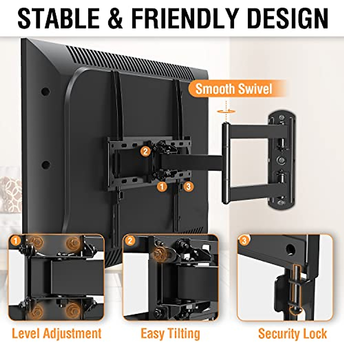 ELIVED Full Motion TV Wall Mount for Most 26-55 Inch Flat Curved TVs Up to 77 lbs, Swivel and Tilt TV Bracket with Articulating Arms, Perfect Center Single Stud Corner TV Mount, Max VESA 400x400mm