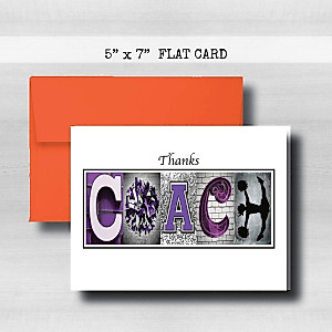 Personalized Cheerleading Purple Coach Thank You Card, 5"x 7" FLAT CARD, Greeting Cards
