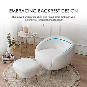 Kiztir Sherpa Accent Chair, White Accent Chair with Ottoman/Gold Legs, Modern Accent Chair for Living Room, Bedroom or Reception Room