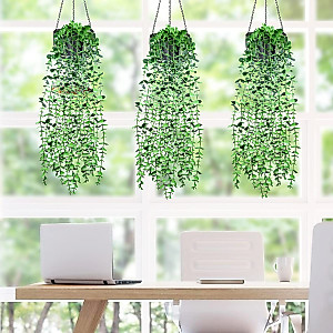RECUTMS 2 Potted Fake Hanging Plants, Artificial Plants Hanging Tasteless Eucalyptus Leaf Shaped Natural Drooping Hanging Plants Artificial Decor Wall Home Garden (Green)