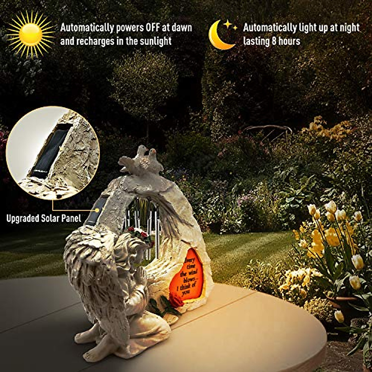OakiWay Memorial Gifts - Memorial Garden Stone Sympathy Gift, with Wind Chimes & Solar Led Lights Quote, in Memory of Loved One - Bereavement Gifts - Condolence Gifts - Cemetary Grave Decorations