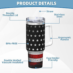 deaokluy 40 OZ American Flag Ice Bully Cup with Handle Straw Lid, Double Wall Stainless Steel Tumbler Travel Coffee Cup, Retro Insulation and Cooling Cup for Christmas Birthday Present