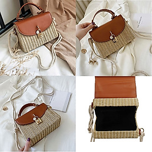 Meyaus Women Mini Lock Decoration Straw Woven Cross-body Shoulder Bag PU Leather Flap Top-handle Bag Handbag