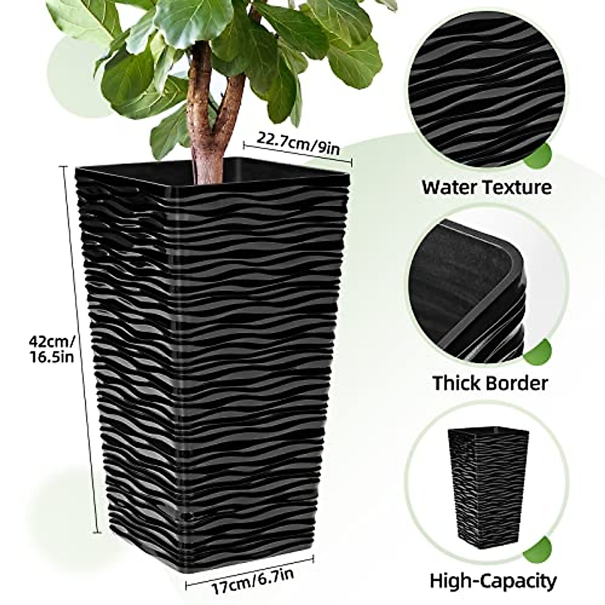 QCQHDU 2 Pack Tall Planters,16.5 Inch Square Tapered Flower Pots Outdoor Indoor Tree Planter, Modern Wavy Finish Decorative Planters for Front Porch Home Garden Patio (Black)…