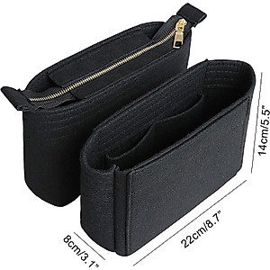 HyFanStr Felt Insert Bag Organizer with Zipper, Small Handbag Purse Organizer Tote Liner Pouch for Women, 2 Pcs Set Black
