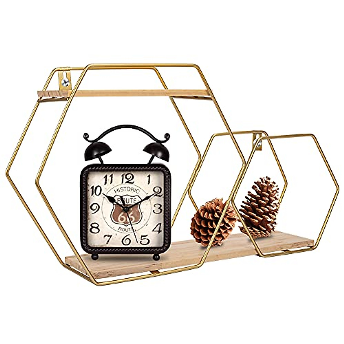 Fasyou Hexagon Floating Shelves Cute Gold Honeycomb Shelves Wall Mounted Shelves with Metal Bracket Rustic Solid Wood Wall Shelves for Living Room,Bedroom,Gold