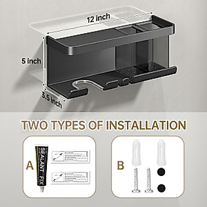 Boomersun Hair Dryer Holder, Blow Dryer Organizer, Hair Dryer Holder Wall Mounted with Shelf for Bathroom, Salon, Bedroom Organizers & Storage(Matte Grey)