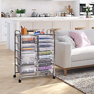 LDAILY 15-Drawer Rolling Storage Cart, Multipurpose Rolling Storage Cart, Storage Organizer on Wheels, Durable Metal Frame, Scrapbook Paper Tools, Suitable for Office School (Clear)