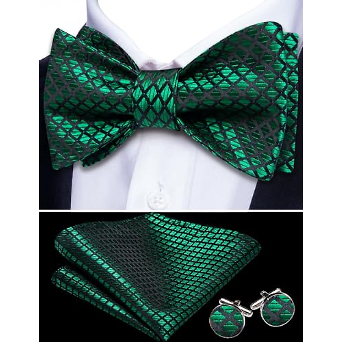 Barry.Wang Men Emerald Green Plaid Self Bow Tie Set with Pocket Square Cufflinks Silk Designer Bowtie Necktie