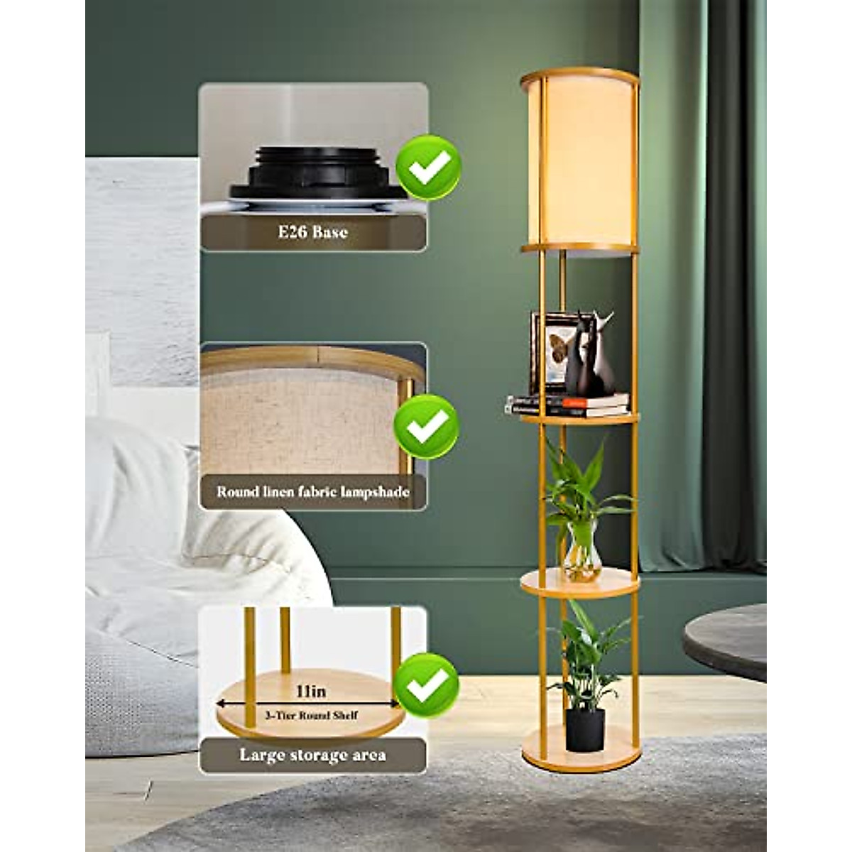 Floor Lamp with Big Shelves,3-Tier Golden Cylinder Shelf Floor Lamps with 3000K Warm Soft Brightness E26 LED Bulb (Included), Linen Shade Storage Wood Texture Modern Floor Lamp with Foot switch