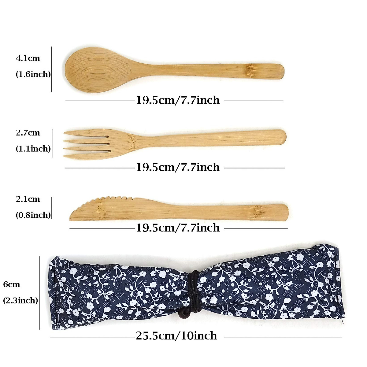 Honbay 3PCS Japanese Style Creative Eco-friendly Bamboo Flatware Set Reusable Utensils with a Retro Pouch -Spoon, Fork, Knife