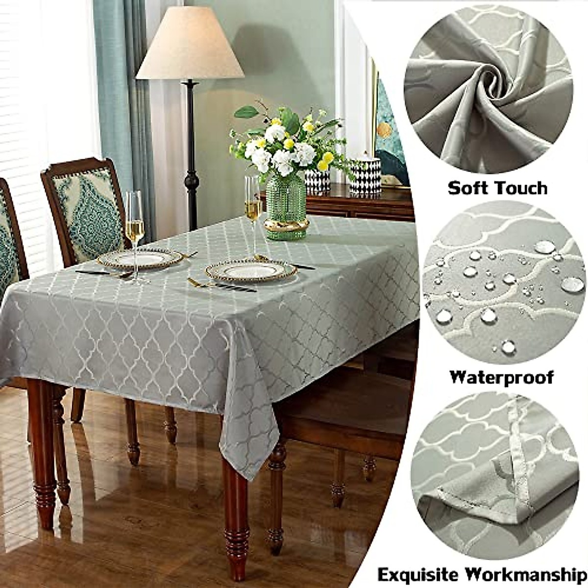 SASTYBALE Jacquard Tablecloth Rectangle Damask Fabric Table Cloth, Water Resistant & Wrinkle Free Polyester Table Cover for Kitchen Dining Tabletop Use (Rectangle/Oblong, 52" x 70" (4-6 Seats), Gray)