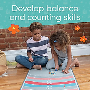 Hearthsong Retro Hopscotch and Marble 2-in-1 Rug, 80”L x 25”W Rug, Plush Drawstring Bag, 22 Ceramic Marbles, 2 Bean Bags, Ages 3 and Up