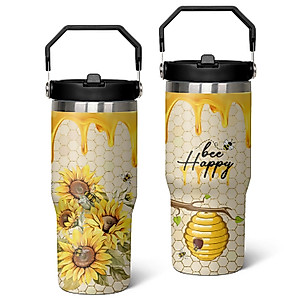 Queen Hero 30 oz Bee Tumbler with Handle, Large Insulated Tumbler with Flip & Straw Coffee Mug Cup Stainless Steel Gifts for Women Men Youth