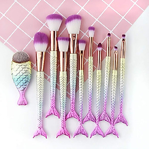 Mermaid Makeup Brushes, 11pcs Professional Blending Blush Concealer Synthetic Fiber Bristles Brush Special Cosmetic Brushes Kits for Women(purple)