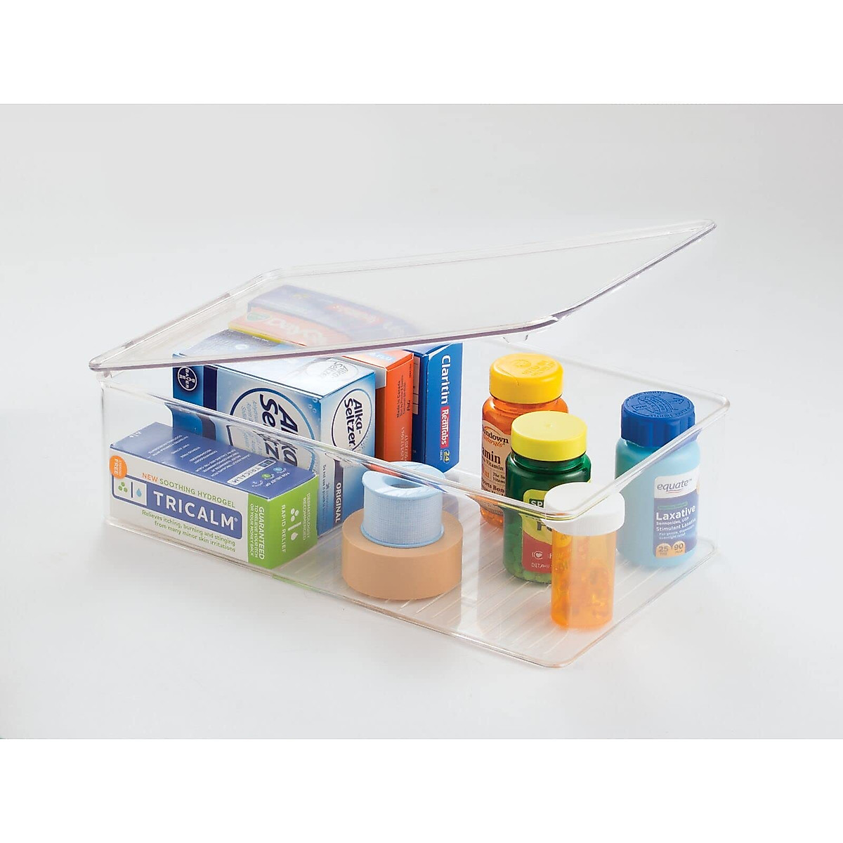 mDesign Plastic Bathroom Storage Organizer Box w/Hinge Lid for Closet Shelves, Cupboards, Holds Medicine, First Aid, Lotion, Cotton Swabs, Masks, and Styling Tools, Ligne Collection, 4 Pack, Clear