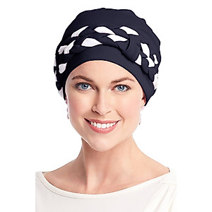 Double Braid Turban Set - All Cotton 2 pc Chemo Cancer Turbans for Women Double Braid - Navy/White
