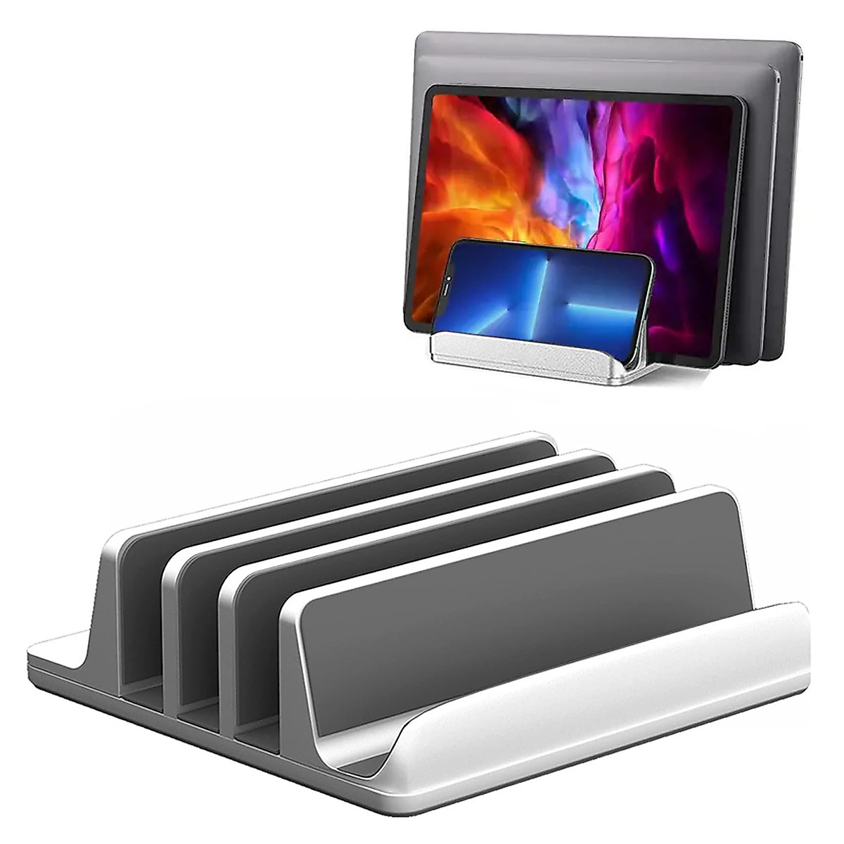 Syslux Vertical Laptop Stand [Upgrade Version], 3 Slots Space-Saving Aluminum Desktop Stand Holder with Adjustable Dock Size,Compatible with All MacBook/Surface/Lenovo/Dell/Gaming Laptops (Silver)