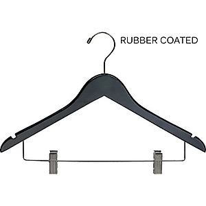 Black Rubberized Wooden Combo Hangers with Adjustable Cushion Clips, Flat Rubber Coated Hangers with Chrome Swivel Hook & Notches (Set of 50) by The Great American Hanger Company