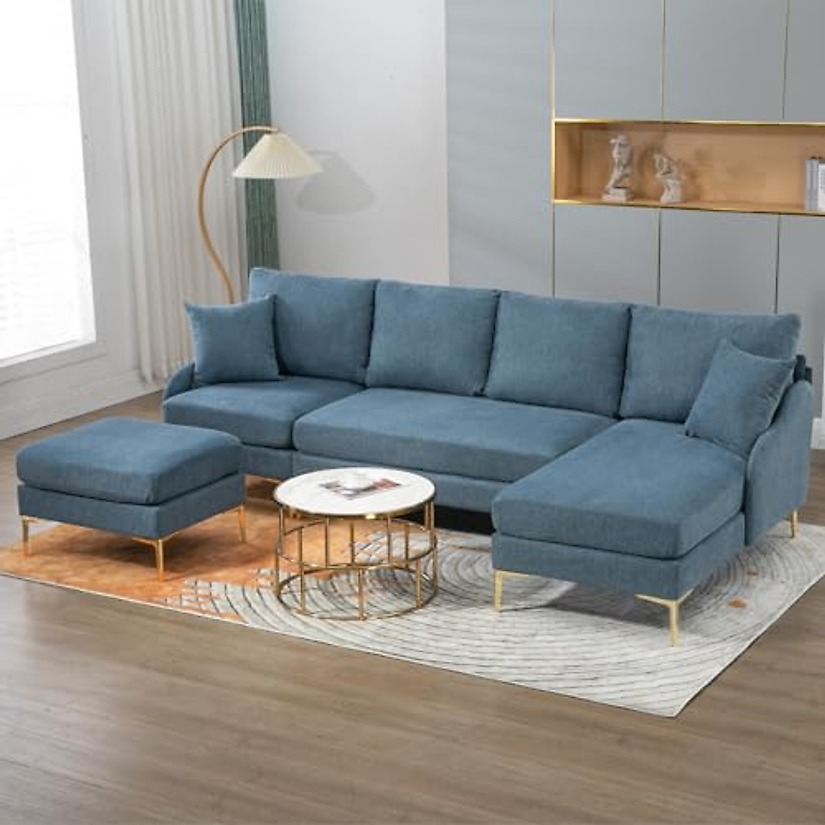 Modern 110'' W U-Shape Sectional Sofa, 4-Seat Sofa Couch with Chaise Lounge and Ottoman, Reversible Left or Right Chaise, Modular Sofa with Golden Metal Legs for Living Room Apartment Office,Blue