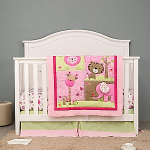 Brandream Crib Bedding Sets for Girls Pink Jungle Elephant Safari Nursery Bedding Set 5 Pieces Baby Comforter Set