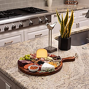 BIRDROCK HOME 15” Round Acacia Wooden Cheese Serving Board with Handle - Medium - Party Charcuterie Board for Appetizers Wood Food Kitchen Platter - Pizza Fruit Display - Espresso