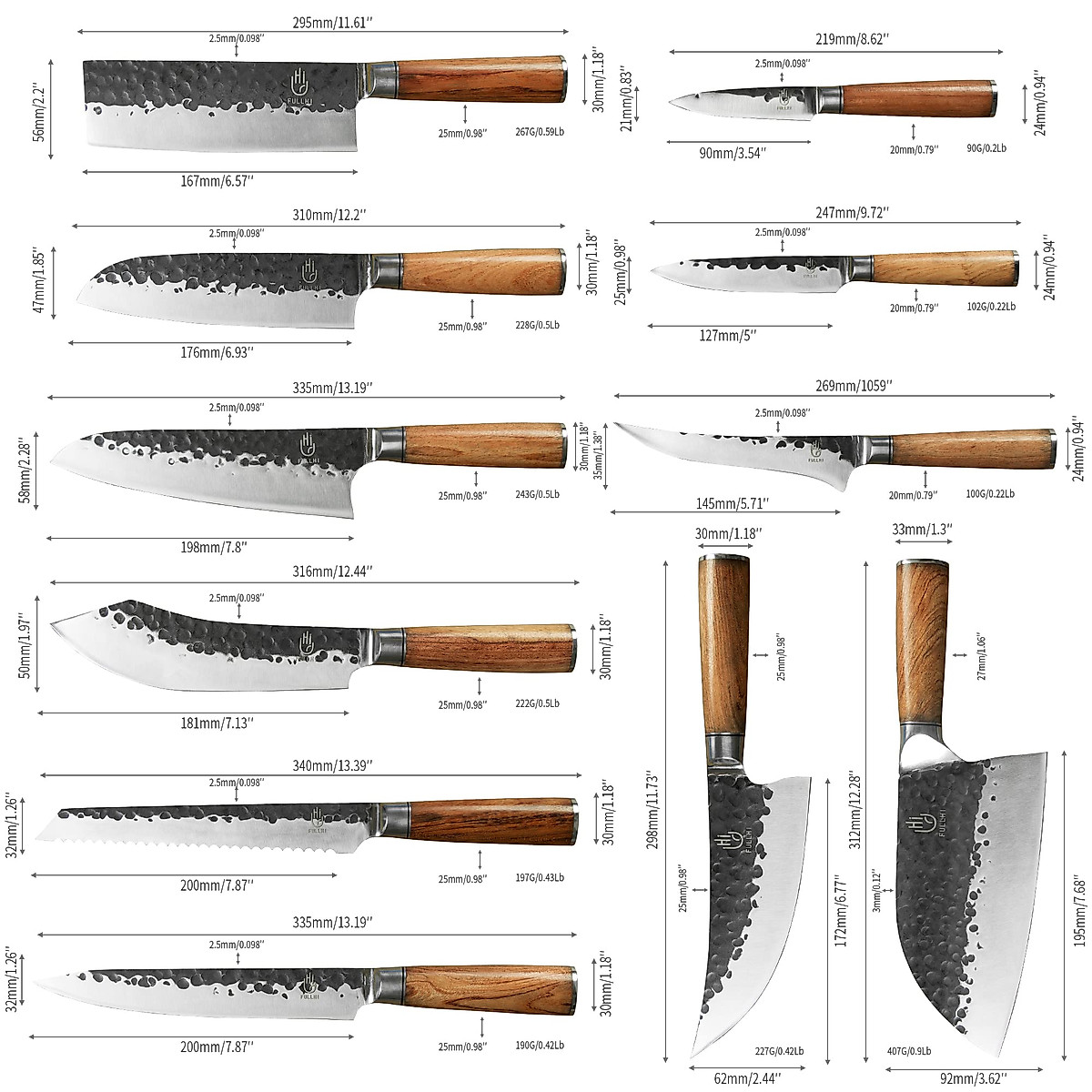 FULLHI 17pcs Butcher Chef Knife Set include sheath High Carbon Steel Cleaver Kitchen Knife Whole Tang Vegetable Cleaver Home BBQ Camping with Knife Bag,Meat Thermometer