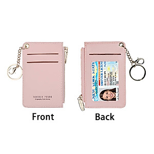Small Wallets for Women Slim Leather Card Case Holder Wallet Coin Change Purse with Keychain (Light pink)