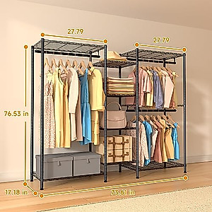 Garment Rack, Heavy Duty Clothes Rack Metal Clothing Rack with Shelves, Freestanding Portable Wardrobe Closet Rack for Hanging Clothes, with 3 Hang Rods & 8 Shelves for Clothes Organize and Storage
