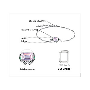 JewelryPalace Geometric Emerald Cut Pink Cubic Zirconia Adjustable Link Bracelet for Women, Art Deco 14k White Gold Plated 925 Sterling Silver Bracelet for Her, CZ Gemstone Jewelry Set