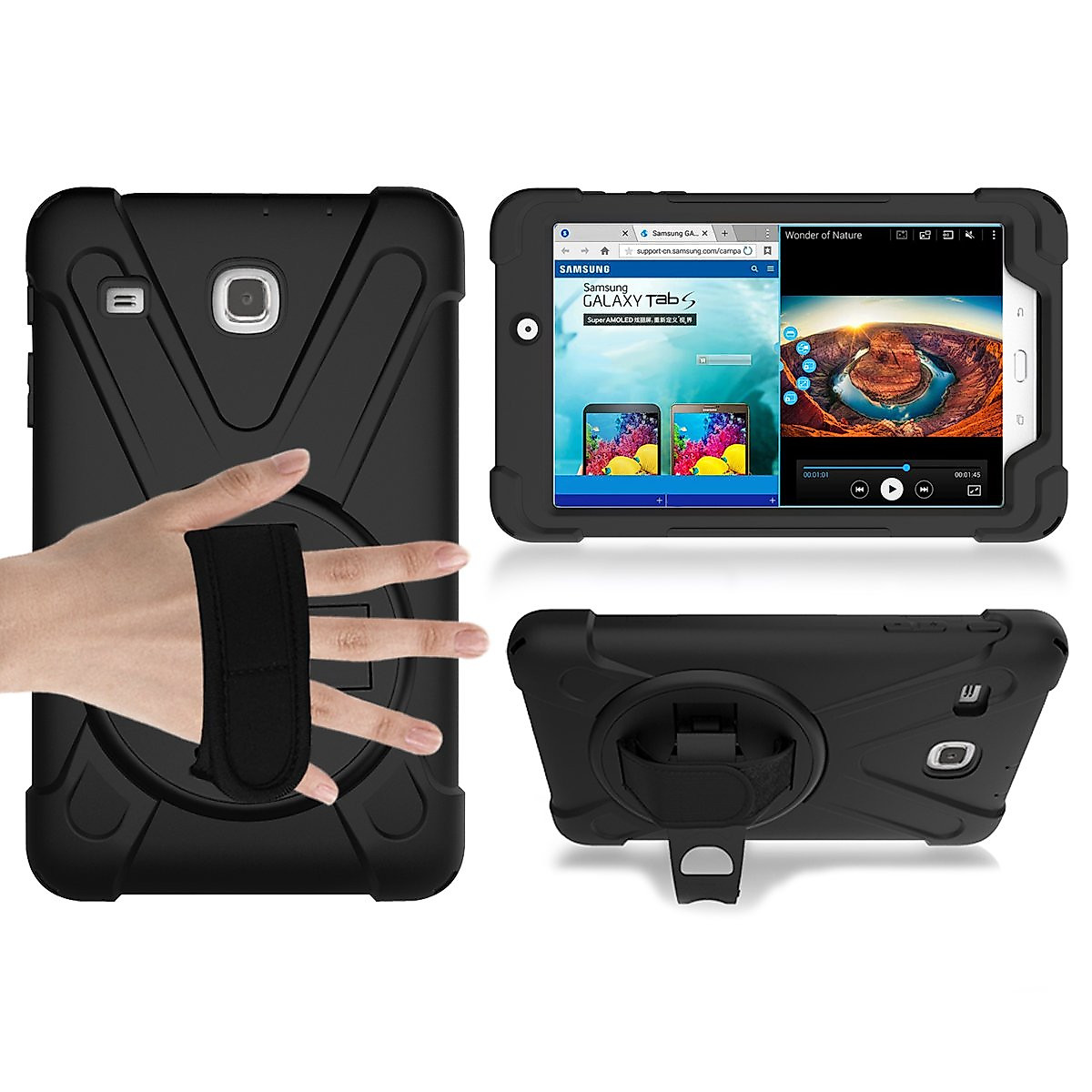 TIMISAM Samsung Galaxy Tab E 8.0 Case, Heavy Duty Hybrid Shockproof Protection Cover Built with Kickstand and Hand Strap for Samsung Galaxy Tab E 32GB SM-T378/Tab E 8.0 Inch SM-377 Tablet (Black)