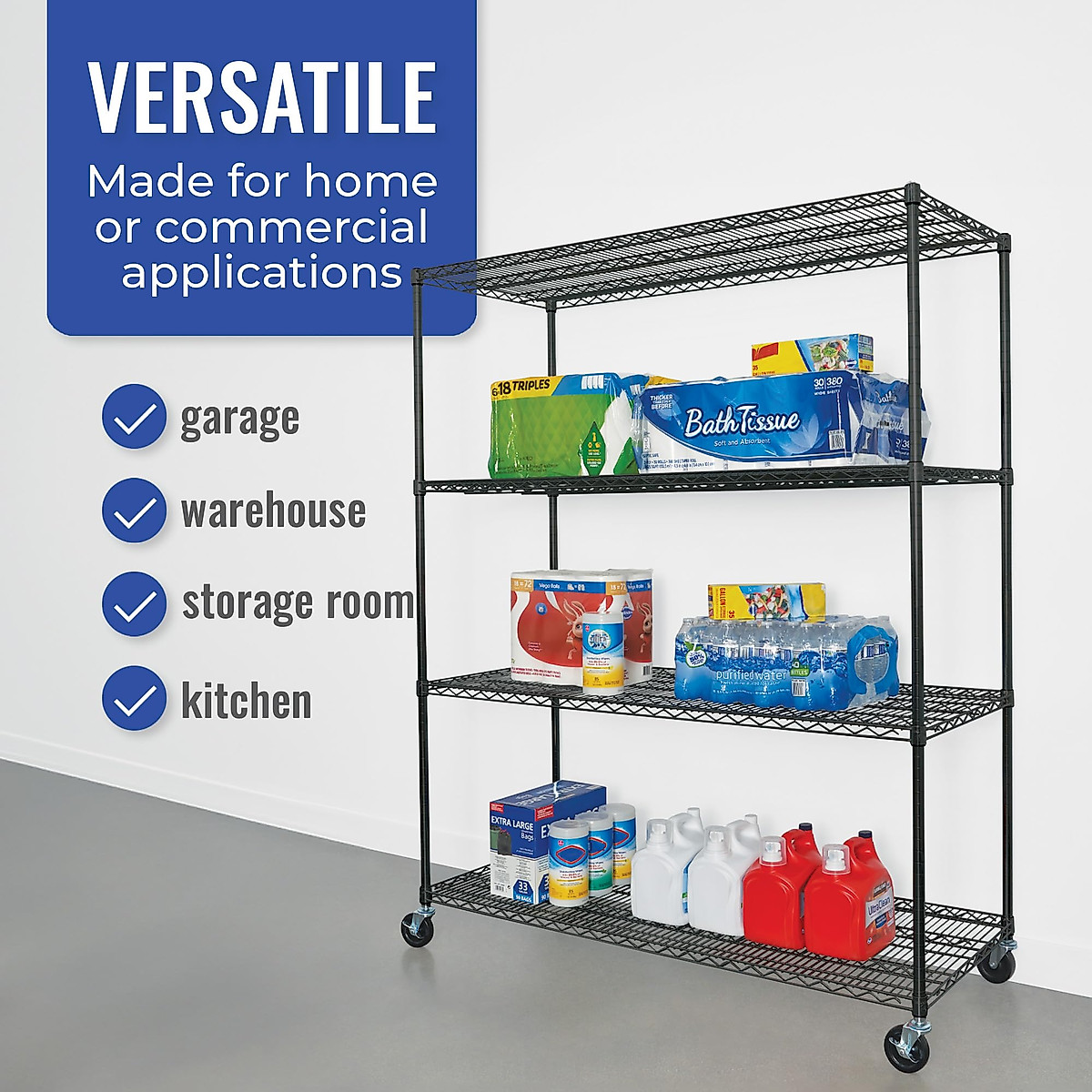 SafeRacks - NSF Certified Storage Shelves, Zinc, Heavy Duty Steel Wire Unit with Wheels and Adjustable Feet, Garage or Bakers Rack, Kitchen, Pantry Shelf - (24"x60"x72" 4-Tier) (Black)
