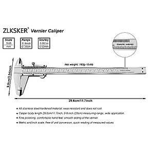 ZLKSKER 8 Inch / 20 cm Micrometer Vernier Caliper, Stainless Steel Precision Measuring Tool (Inch/Metric), Depth/Inside/Outside/Step Measurement, Accuracy 0.001" / 0.02mm