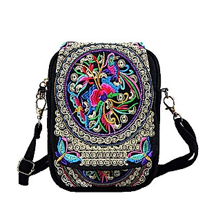 BigBigMe Women Ethnic Embroidered Handmade Mini Canvas Crossbody Shoulder Boho Travel Handbag Cell Phone Purse Wallet, Multicolor, 5.9 * 1.9 * 7.0 inch