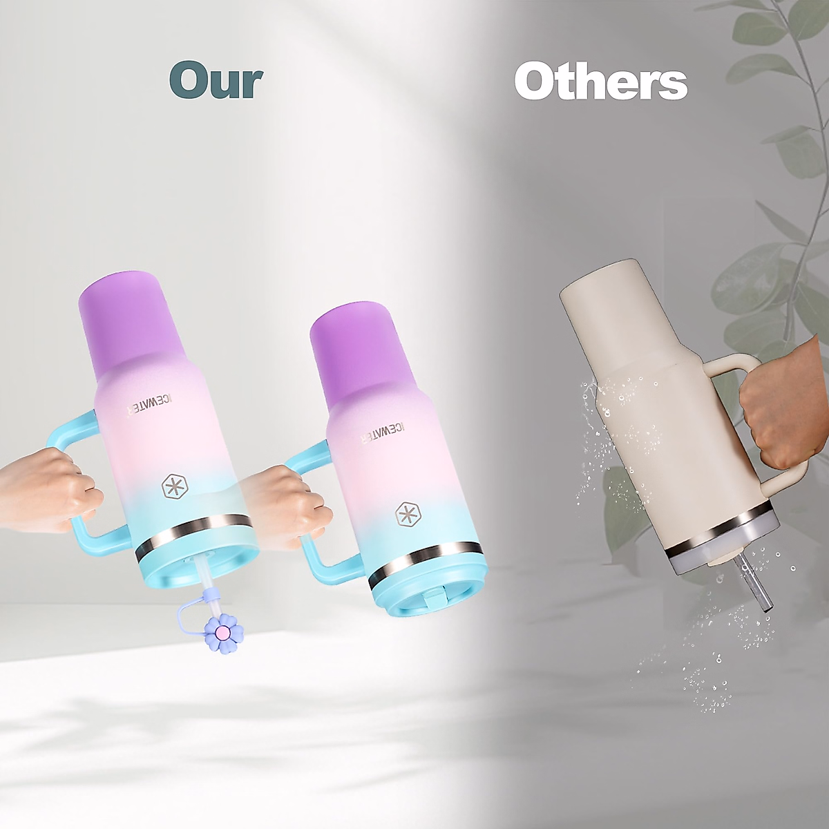 ICEWATER 40 oz Tumbler with 2 Lids (Flip & Standard Straw),100% Leak Proof Insulated Tumbler with Handle, Cup Holder Friendly, Stainless Steel Water Bottle, Gifts for Women & Men (Cream)