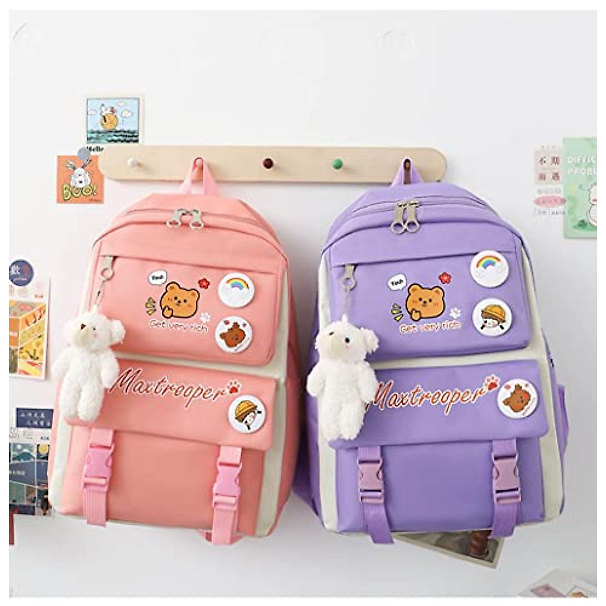 5pcs Cute Aesthetic Backpack Set for Girls Kawaii Large Canvas Shoulder Bag Preppy School Accessories (Purple)