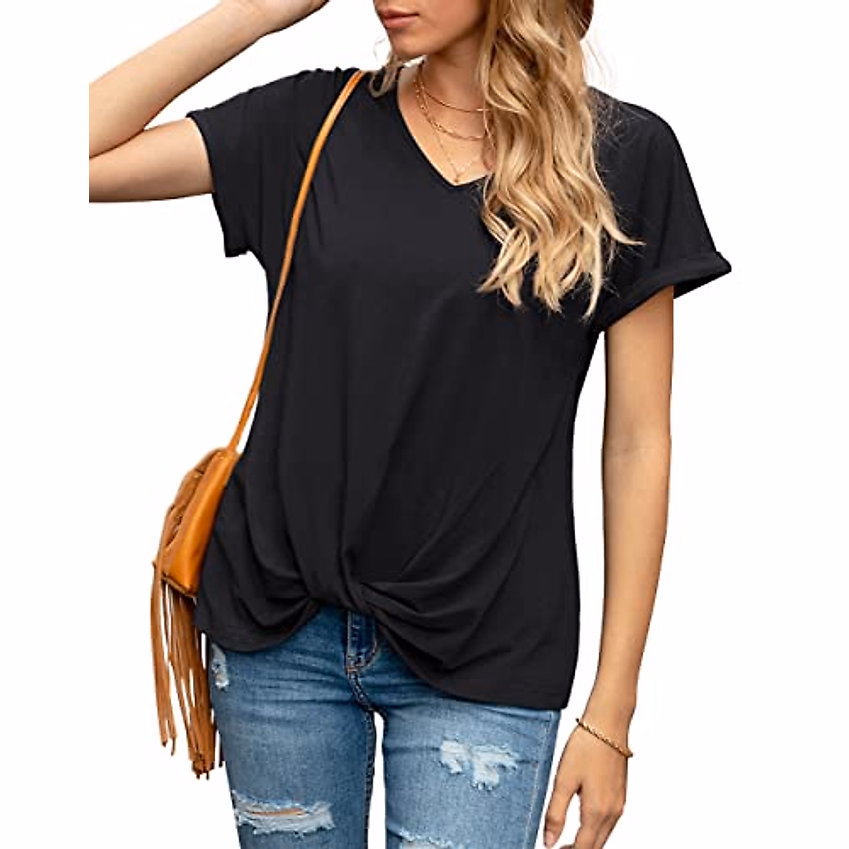 Iandroiy Women's V Neck Short Sleeve Casual Tops Twist Knot Blouse T Shirts (X-Large, Black)
