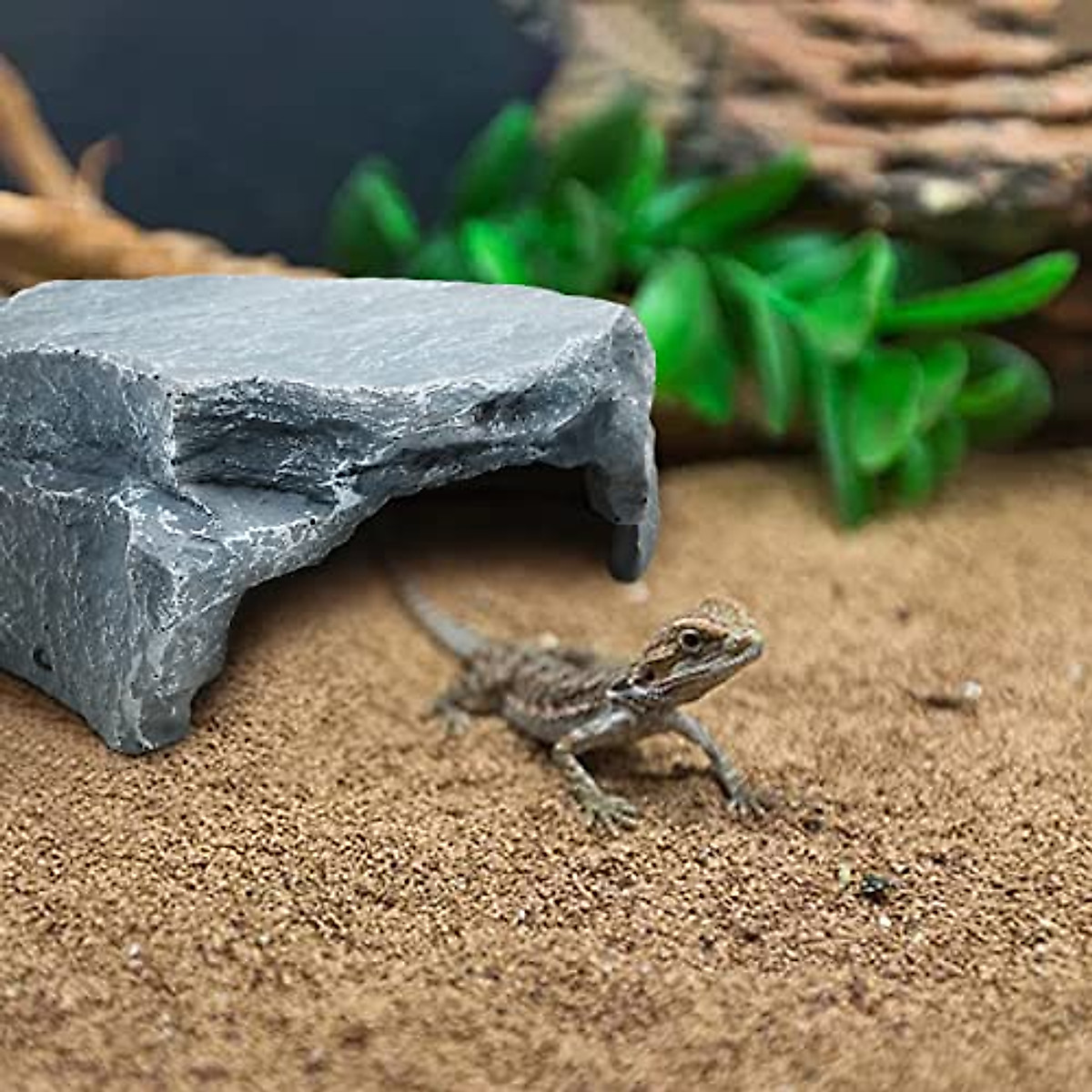 Junniu Reptile Cave Resin Rock Basking Platform Hiding Habitat Fish Tank Decor Hideout Shelter Aquarium Ornament for Bearded Dragon Turtle Insect Frog Zoo