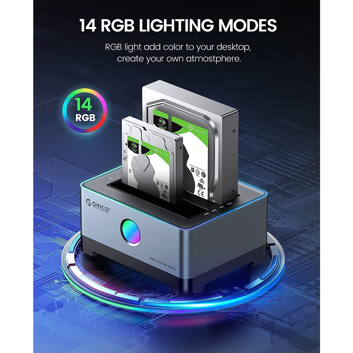 ORICO RGB Hard Drive Docking Station USB 3.2 Gen 1 Aluminum External Hard Drive Dock for 2.5''/3.5'' HDD SSD Up to 36TB Include 10Gbps Data Transfer USB-C&USB-A 2IN1 Cable -5528C3