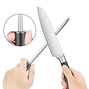 KIMIUP 9 Pieces Kitchen Knife Set with Block,5 Stainless Steel Knives and Scissors Peeler Knife Sharpener with Stand 360 Degree Revolving Base,Black Handle