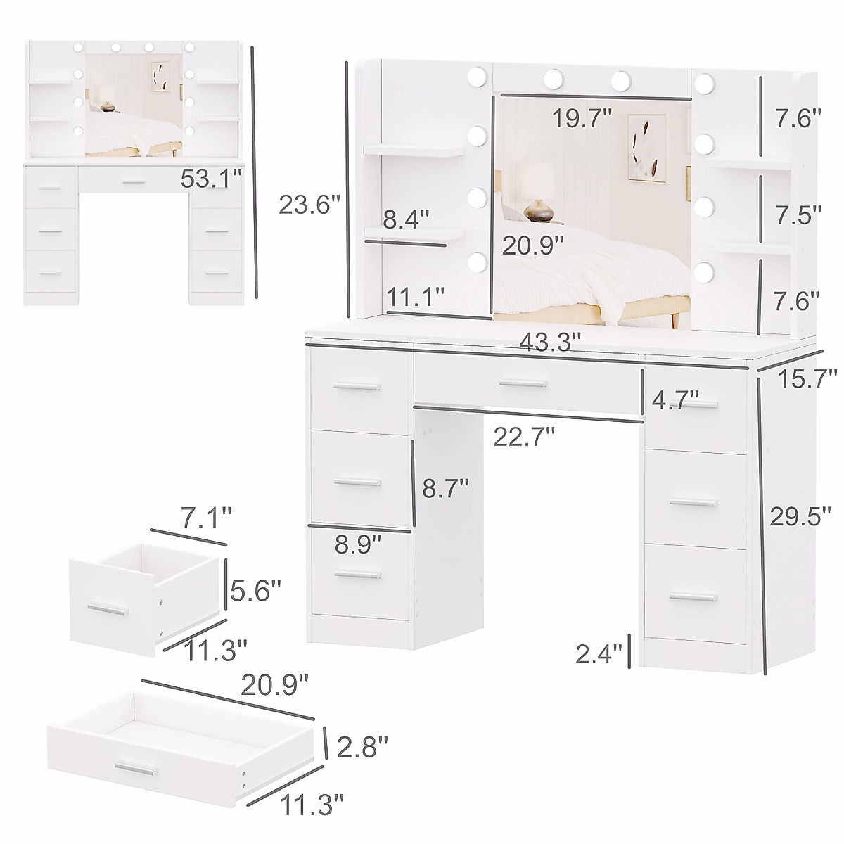 Irontar Vanity Desk, Makeup Vanity with 10 LED Lights & 7 Metal Sliding Drawers, Brightness Adjustable, Vanity Table with 6 Open Shelves, Makeup Table for Women, White WDT005W