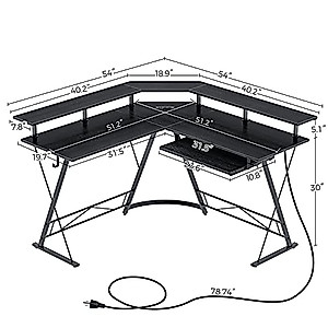 Rolanstar Computer Desk L Shaped, Gaming Desk with Power Outlet, 54” Reversible Desk with Monitor Stand and Keyboard Tray, Home Office Desk with Hook, Black
