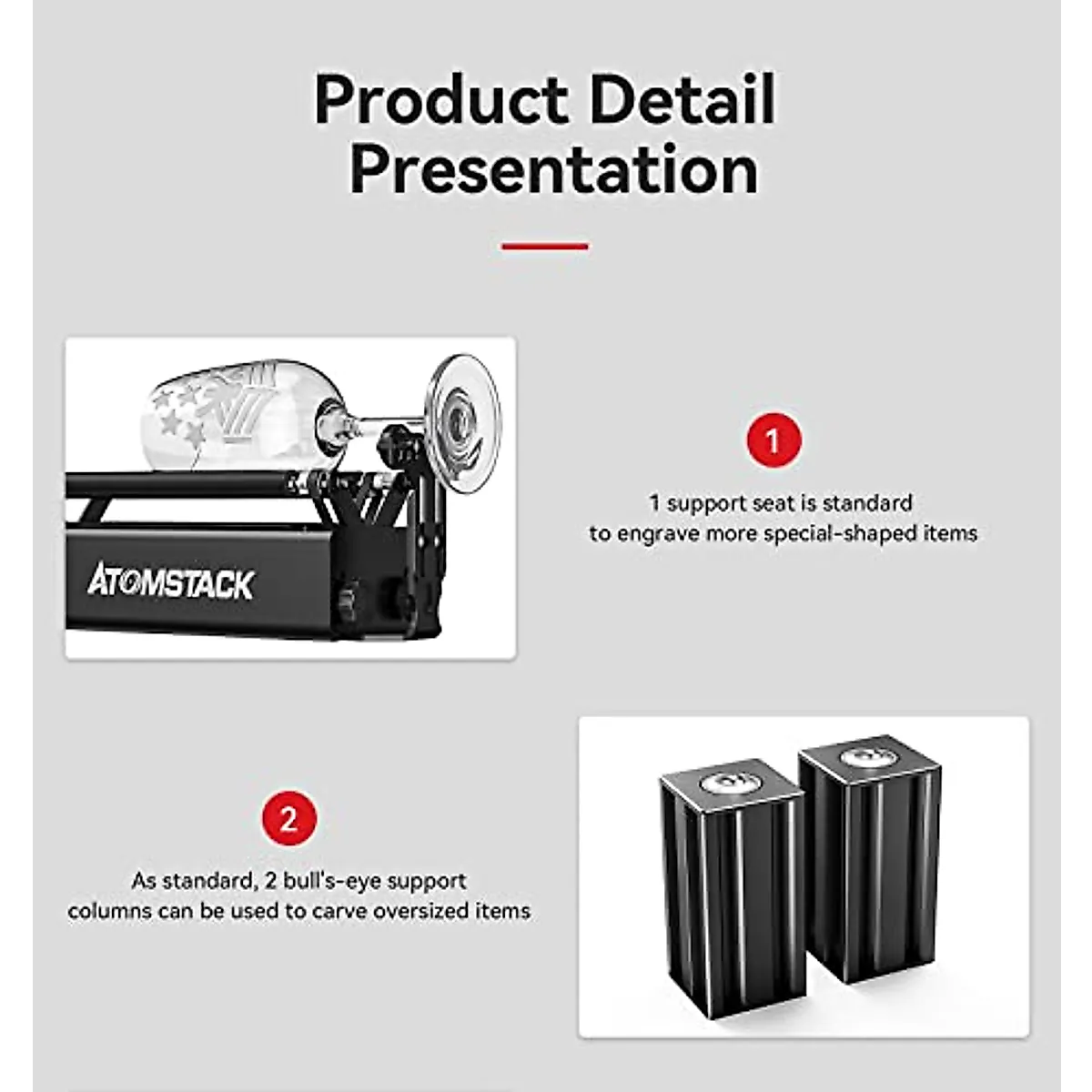 ATOMSTACK R3 Pro Engraver Rotary Roller, Engraver Y-axis Rotary Roller for 360° Engraving Cylindrical Objects with 4 Heightening Columns, 2 Support Shaft and 1 Support Frame