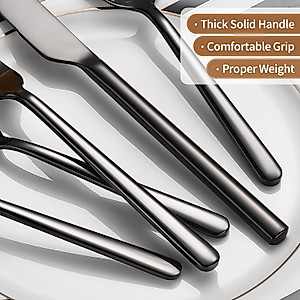 40-Piece Black Silverware Set for 8, Heavy-Duty 18/0 Stainless Steel Black Flatware Cutlery Set, Modern Round Handle Black Utensils Set, Dishwasher Safe for Home, Restaurant, Mirror Black, 40-PCS