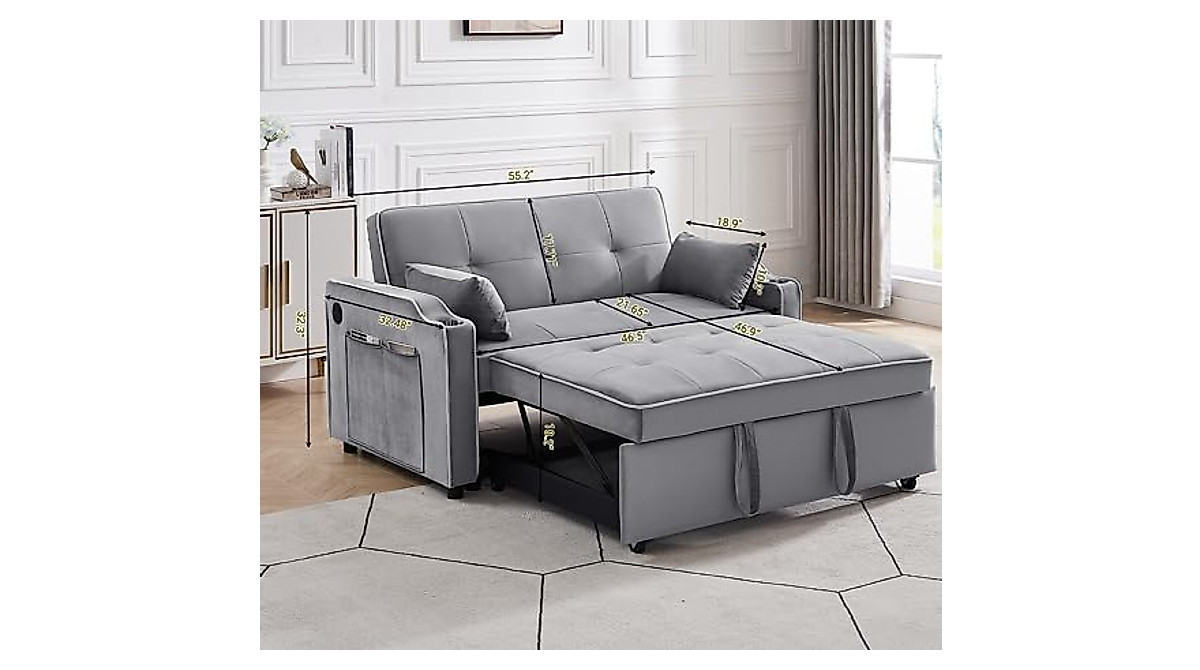 Convertible Futon Couch with USB Ports & Cup Holders