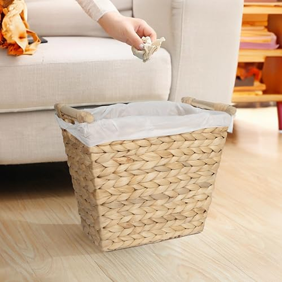Wicker Trash Basket with Wooden Handles | Wicker Bathroom Trash Can | Woven Trash Can | Wicker Waste Basket for Bathroom, Bedroom, Living Room, Office